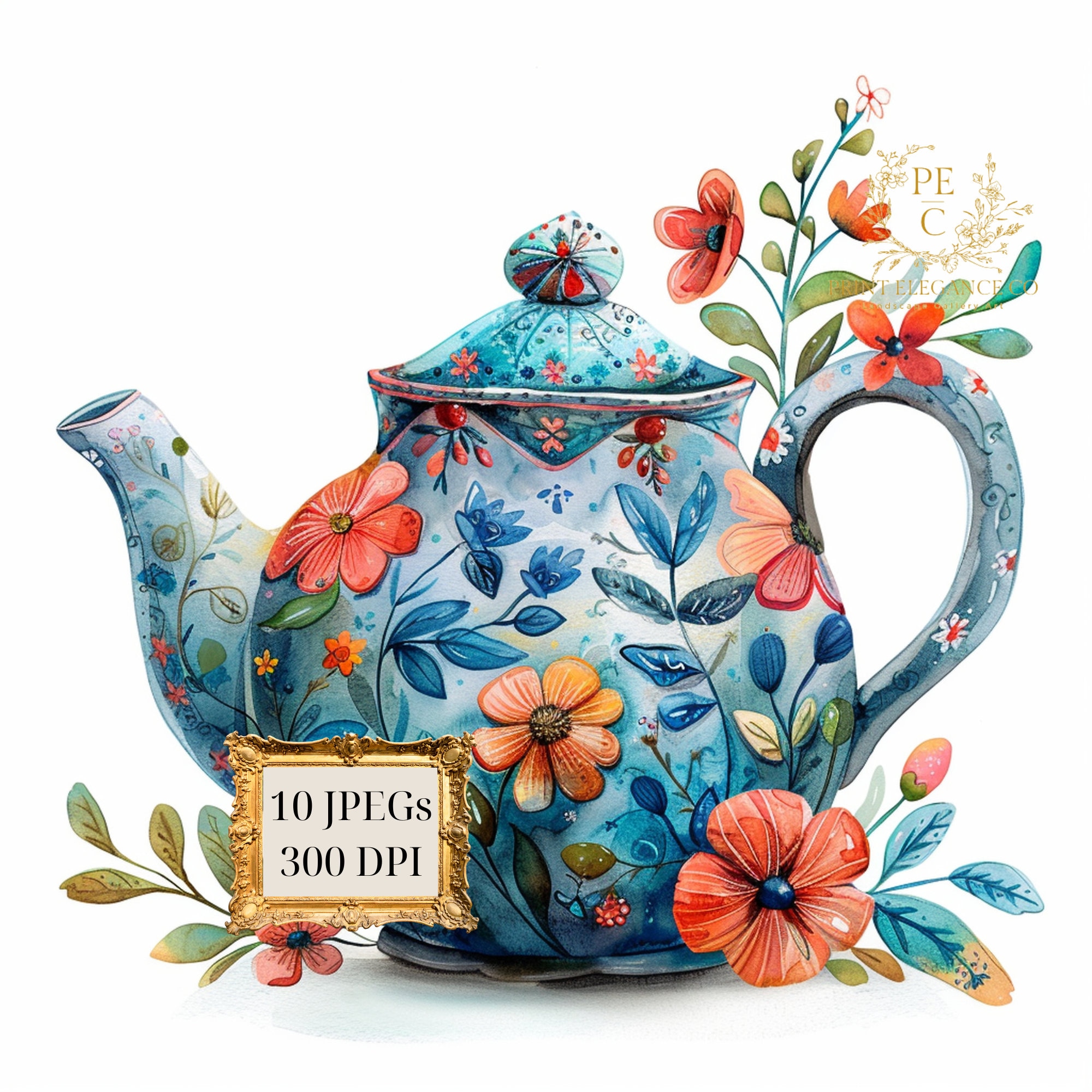 Whimsical Magic Blue Floral Teapot Clipart Bundle- 10 High Quality ...