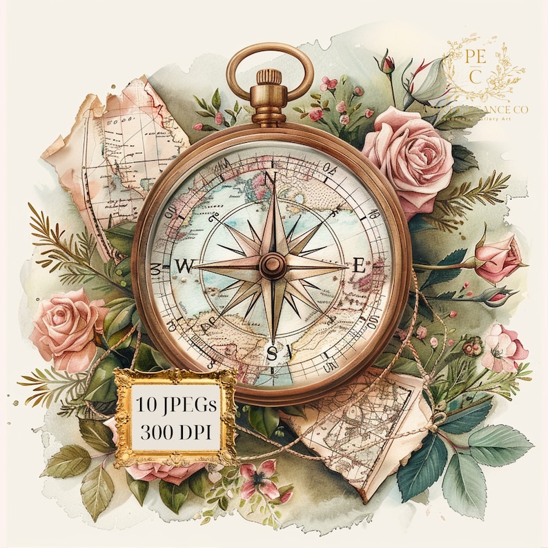 Shabby Chic Floral Compass With Map Clipart Bundle- 10 High Quality ...