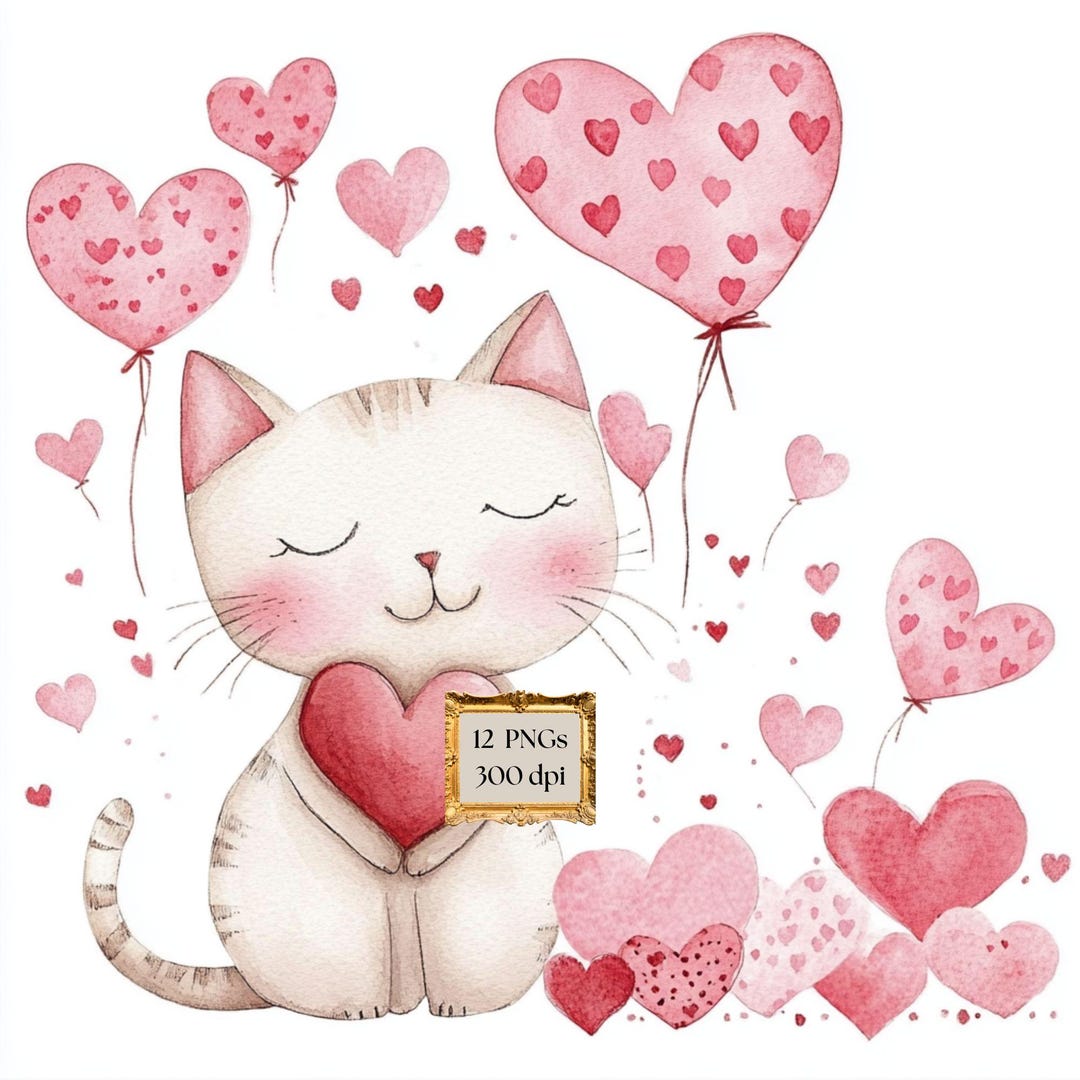 Cute Watercolor Valentines Day Baby Animals Clipart Bundle, PNG Cat ...