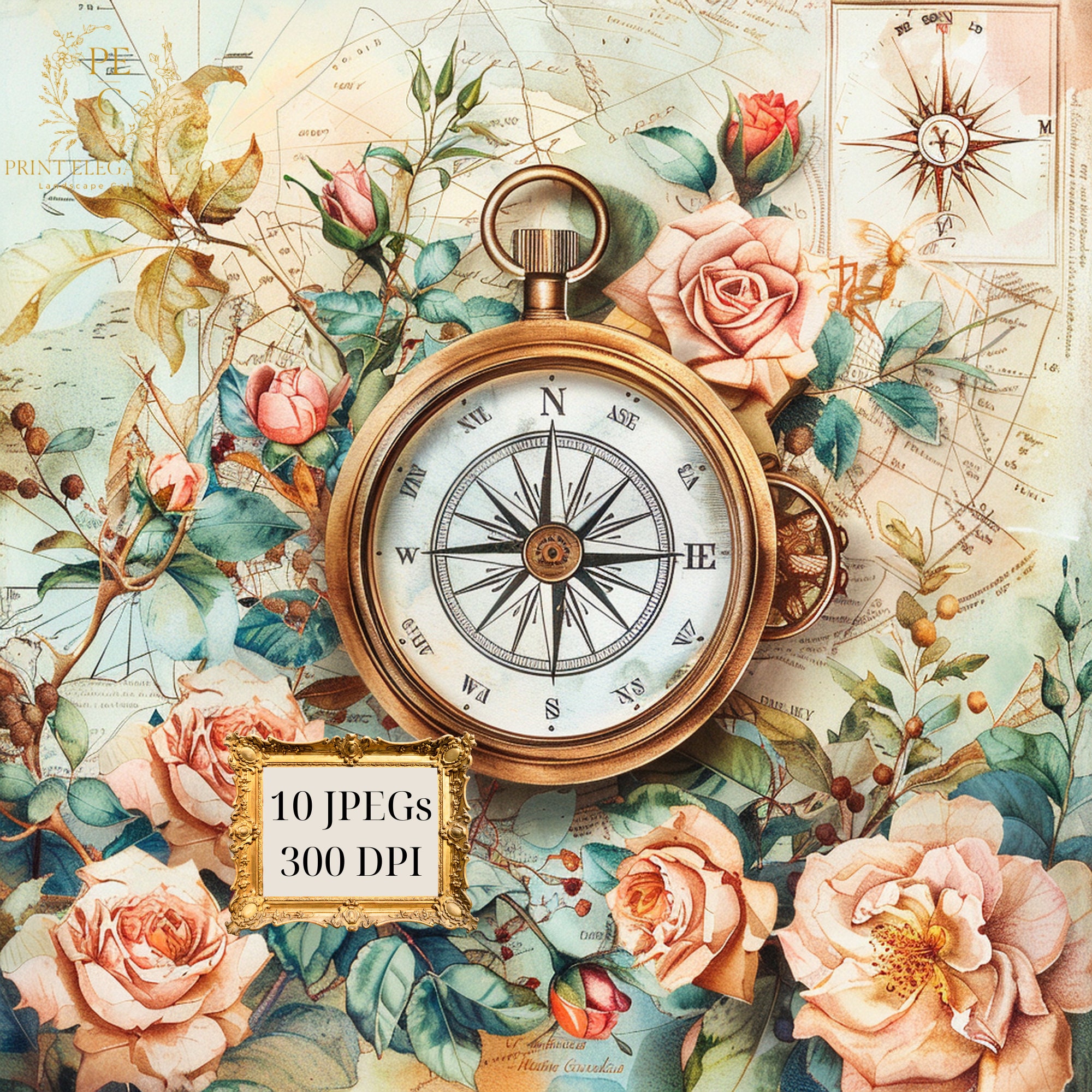 Shabby Chic Floral Compass With Map Clipart Bundle- 10 High Quality ...