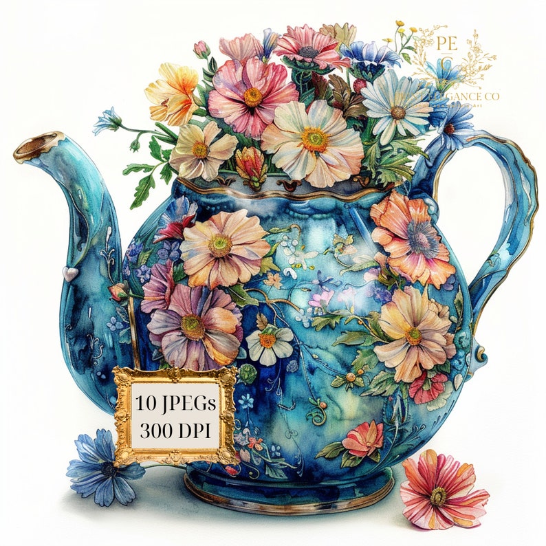 Whimsical Magic Blue Floral Teapot Clipart Bundle- 10 High Quality ...