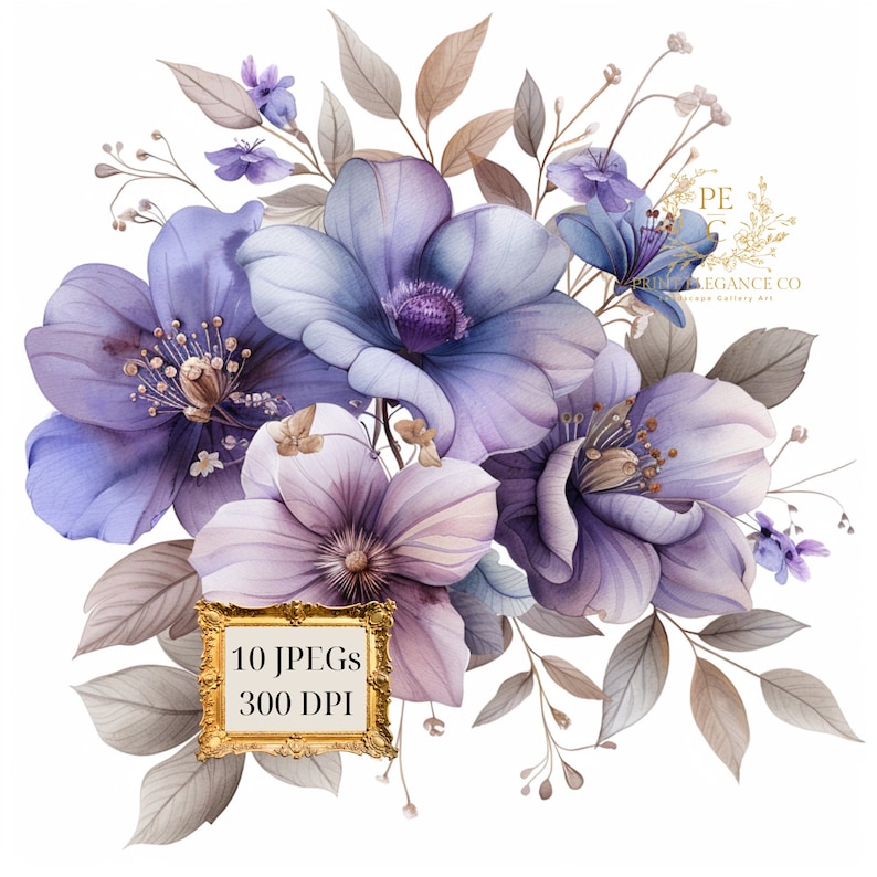 Purple Floral Clipart, Lavender and Blue Watercolor Flowers, Commercial ...