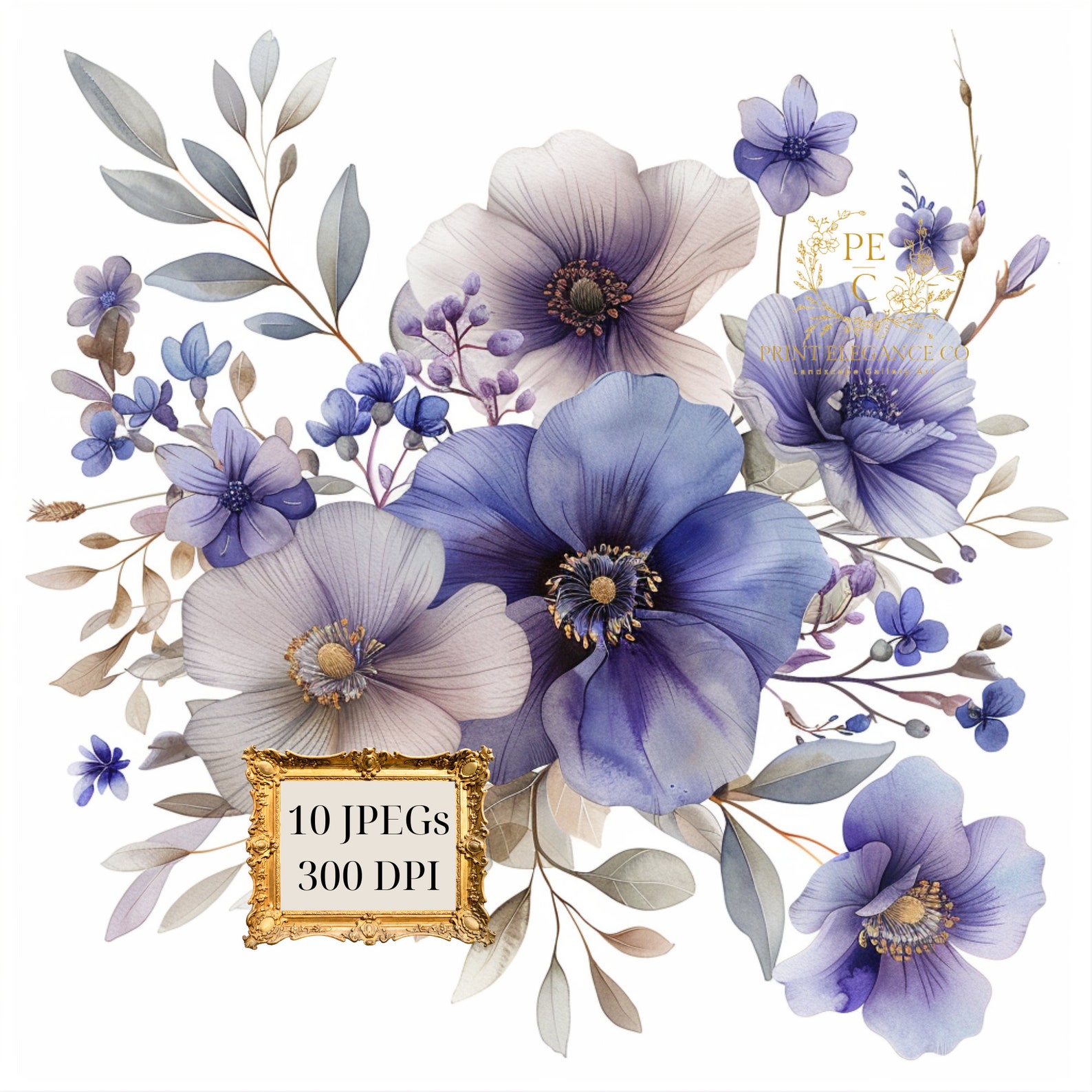 Purple Floral Clipart, Lavender and Blue Watercolor Flowers, Commercial ...