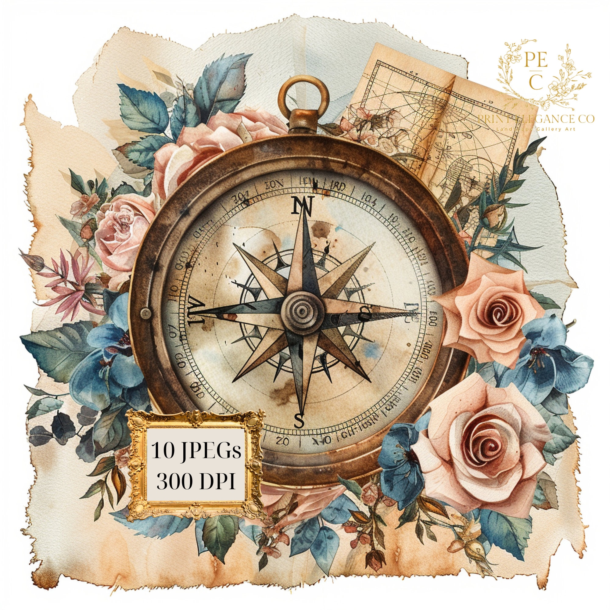 Shabby Chic Floral Compass With Map Clipart Bundle- 10 High Quality ...
