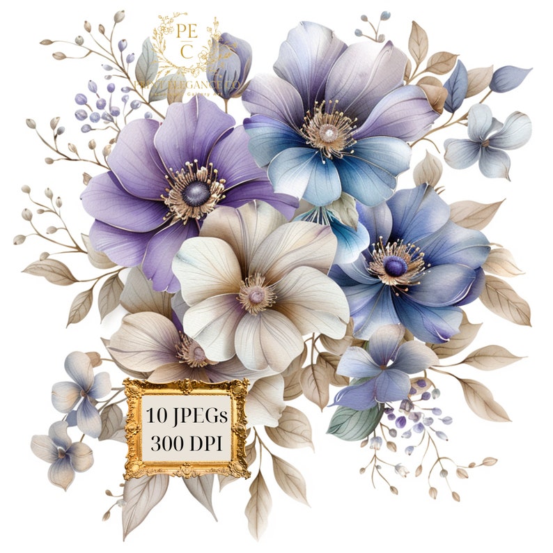Purple Floral Clipart, Lavender and Blue Watercolor Flowers, Commercial ...