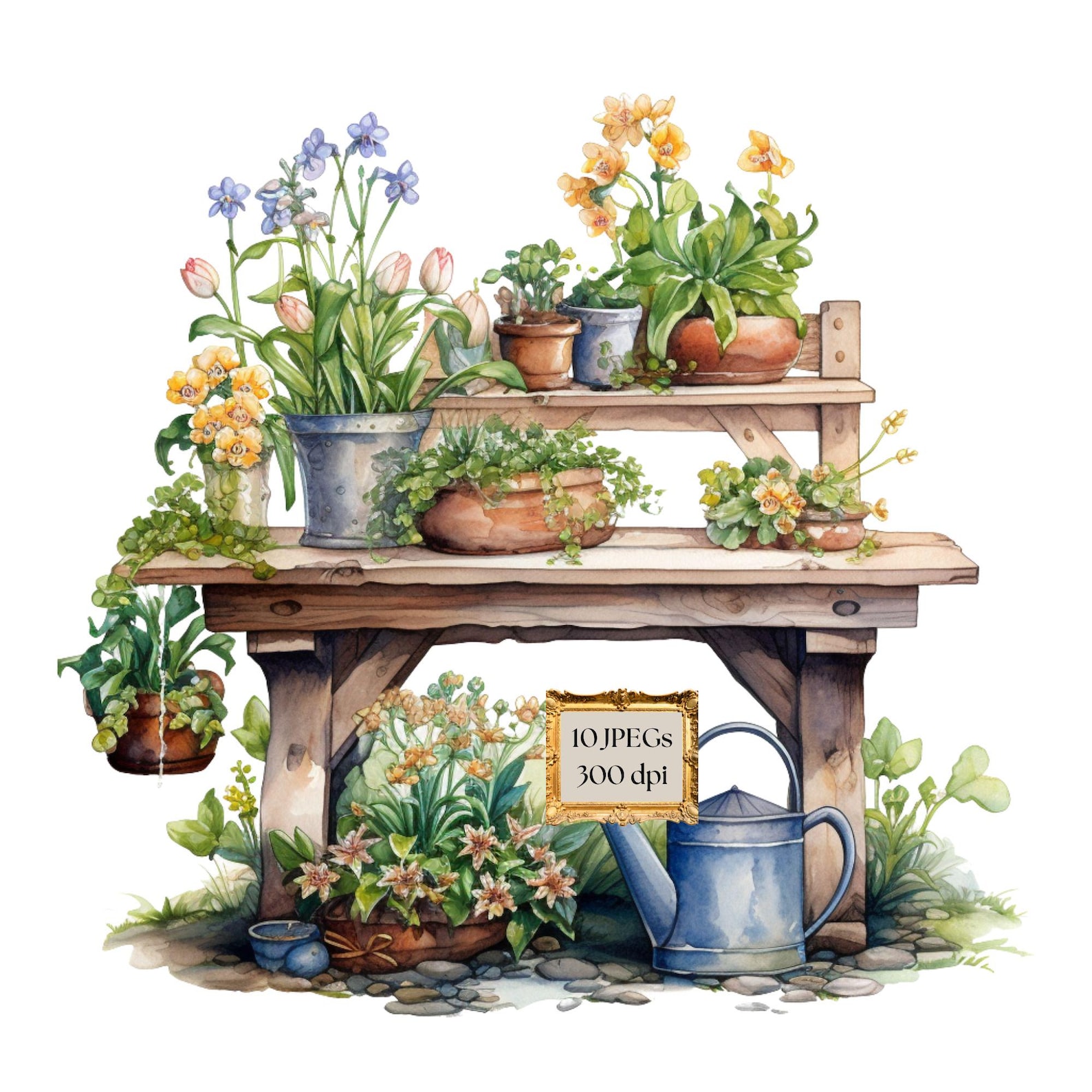 Vintage Gardening Tools Clipart Bundle- 10 High Quality Watercolor Jpgs ...