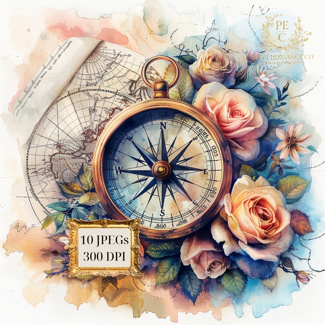 Shabby Chic Floral Compass With Map Clipart Bundle- 10 High Quality ...