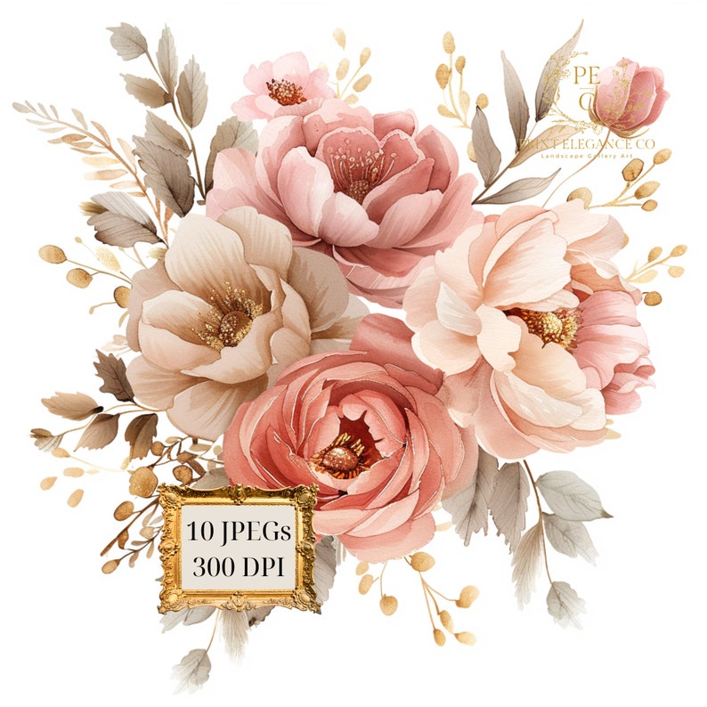 Blush and Gold Floral Clipart, Blush and Gold Watercolor Flowers ...