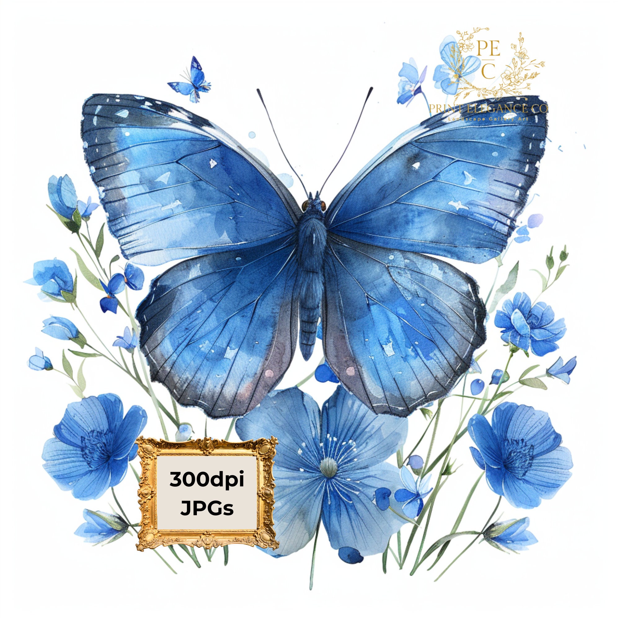 Blue Butterflies Clipart Pack, 10 JPEG Clipart, Watercolor Butterfly ...