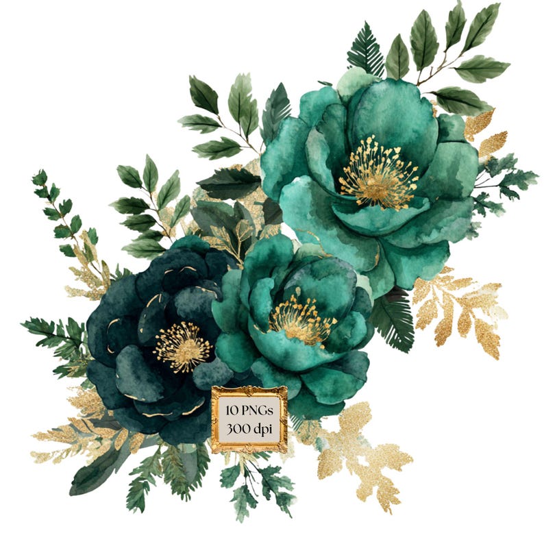 Emerald and Gold Floral Bouquets Clipart, Digital Instant Download ...
