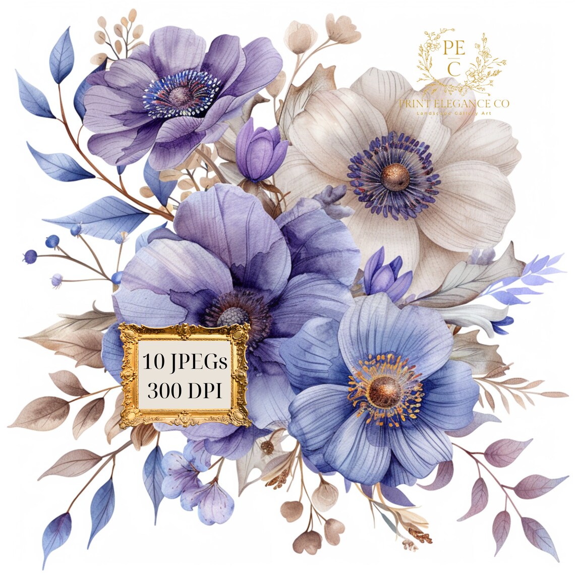 Purple Floral Clipart, Lavender and Blue Watercolor Flowers, Commercial ...