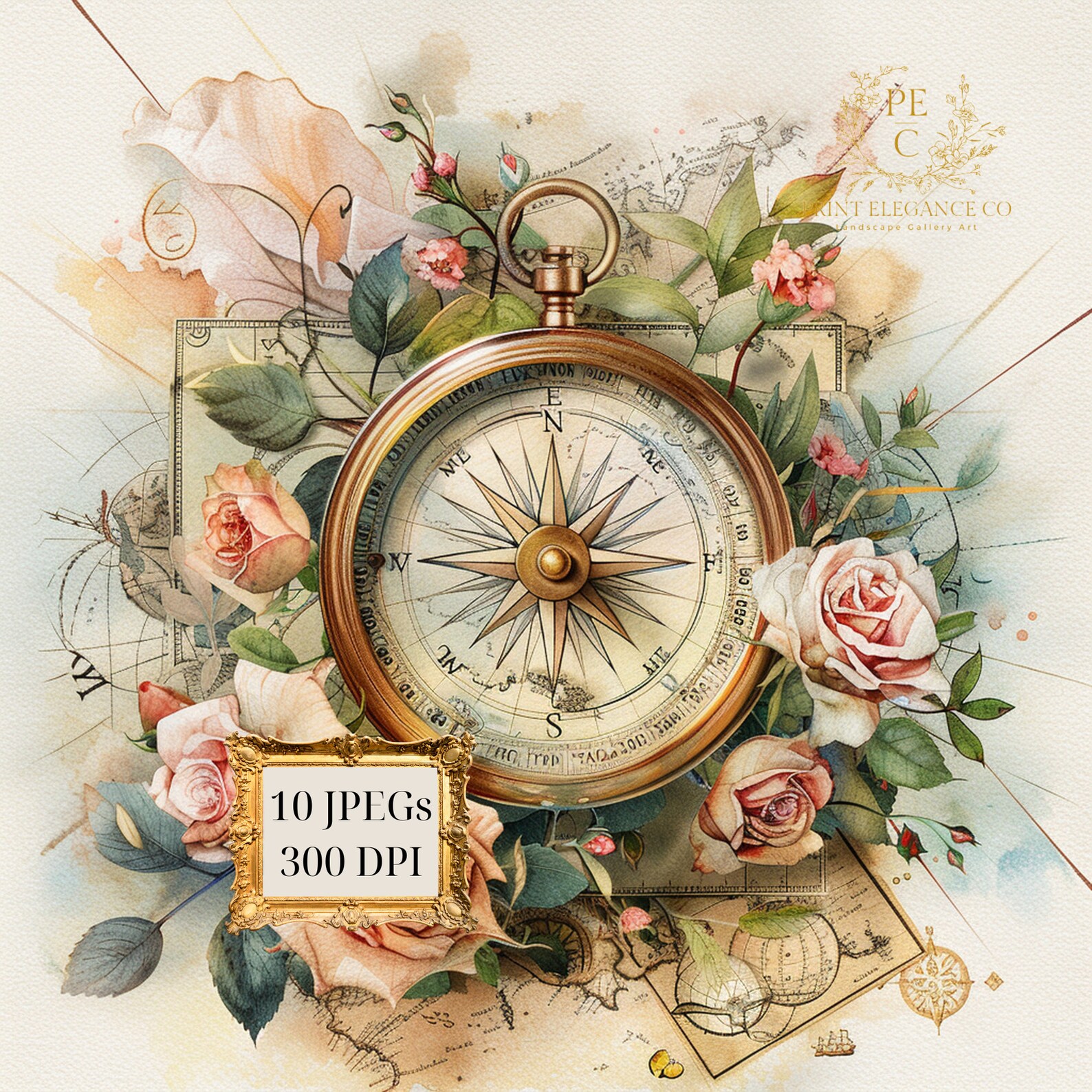 Shabby Chic Floral Compass With Map Clipart Bundle 10 High Quality ...
