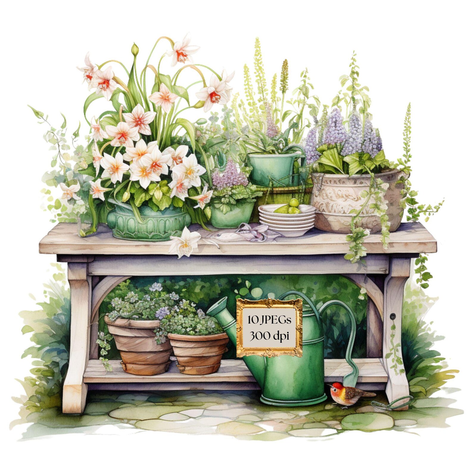 Vintage Gardening Tools Clipart Bundle- 10 High Quality Watercolor Jpgs ...