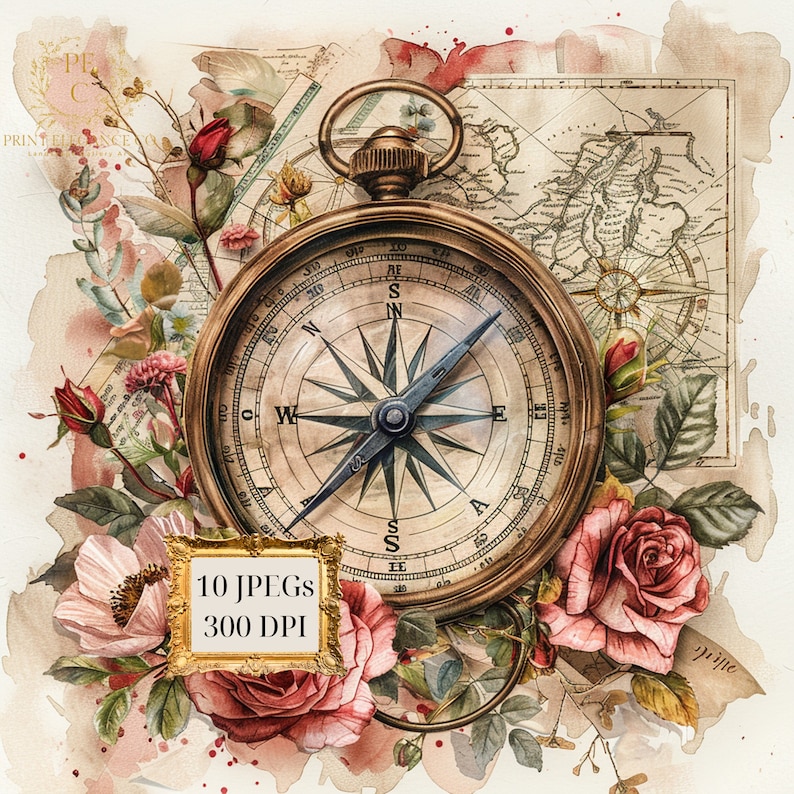 Shabby Chic Floral Compass With Map Clipart Bundle 10 High Quality ...