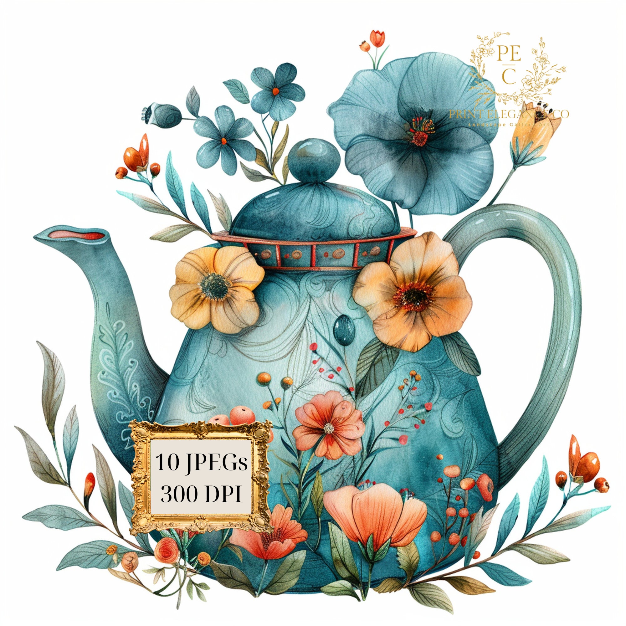 Whimsical Magic Blue Floral Teapot Clipart Bundle 10 High Quality ...