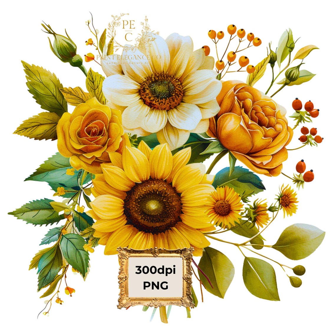 Watercolor Sunflower Bouquet Clipart -SINGLE Image Fall Sunflower ...