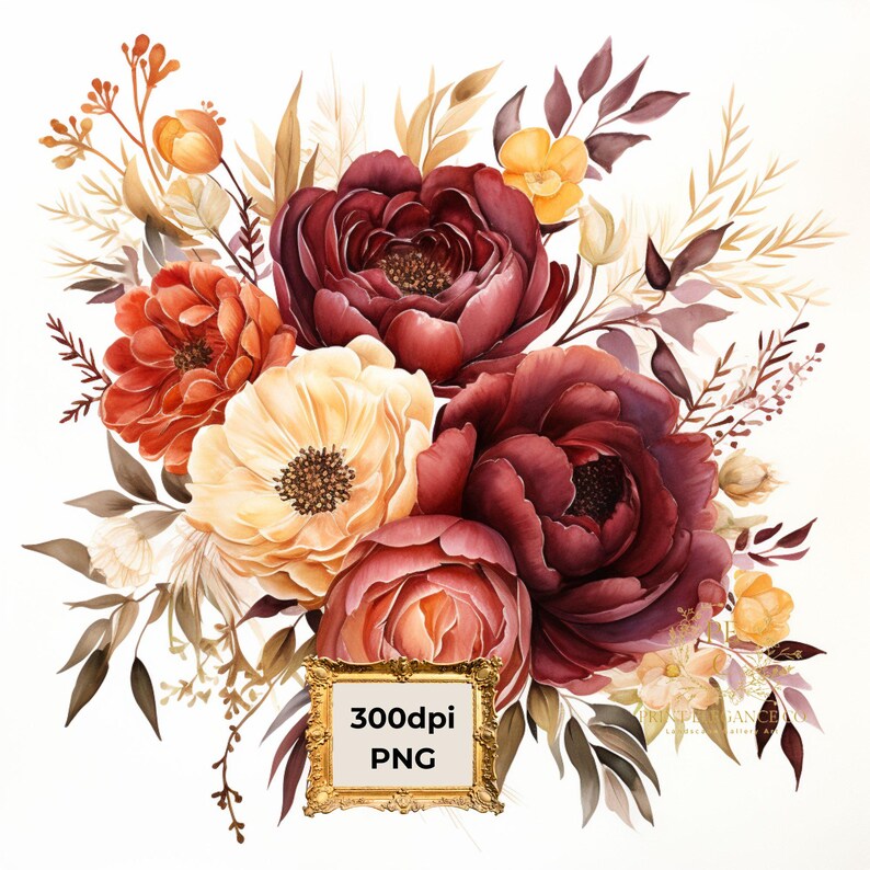 Rust and Orange Flowers Watercolor Autumn Clipart, Autumn Bouquets ...