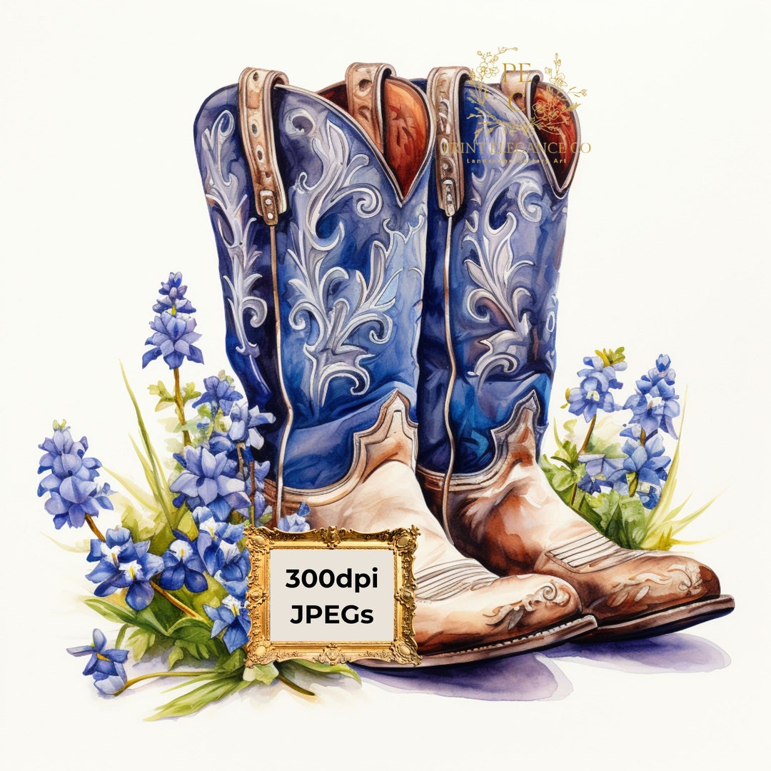 Western Charm: Cowboy Boots and Blue Bonnets Watercolor Clipart Bundle ...