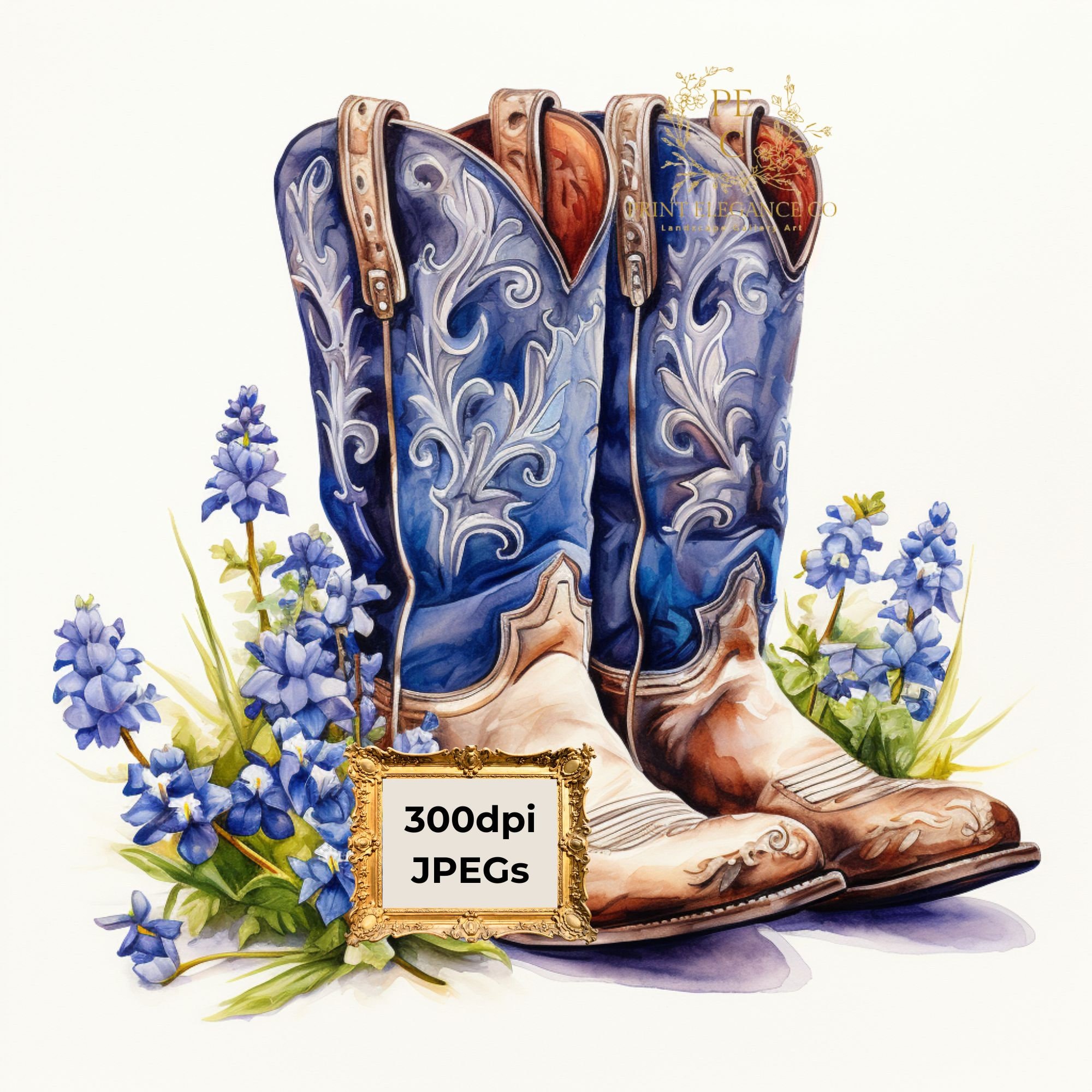Western Charm: Cowboy Boots and Blue Bonnets Watercolor Clipart Bundle ...