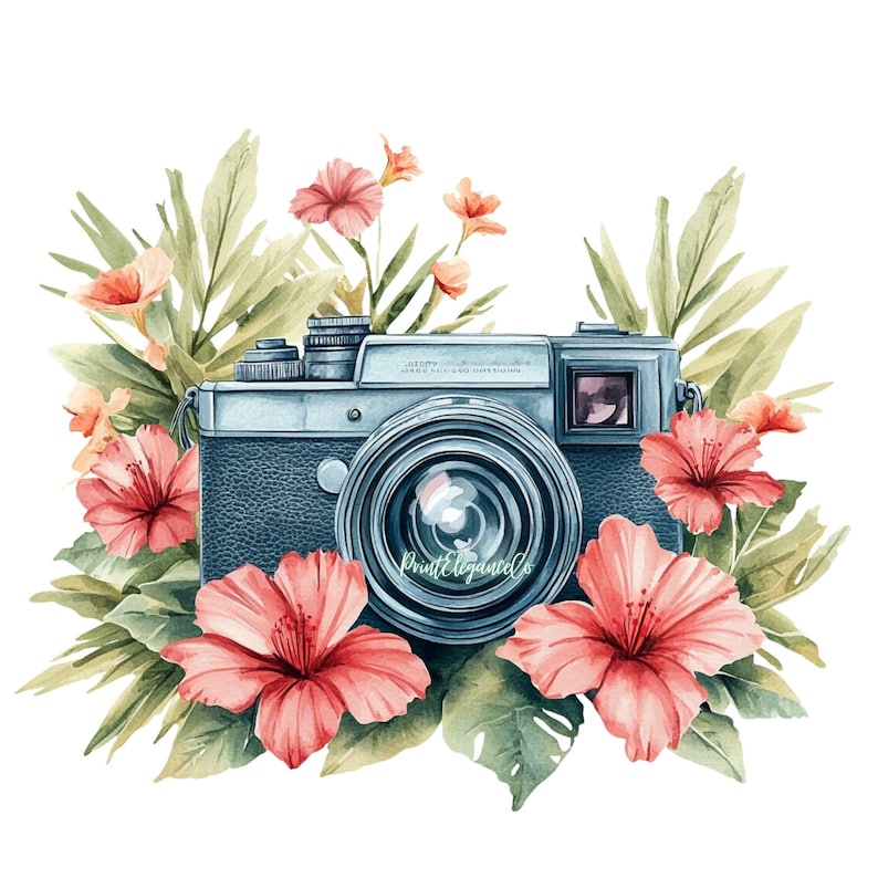 Watercolor Vintage Camera Floral Clipart, 10 High Quality PNG Files ...