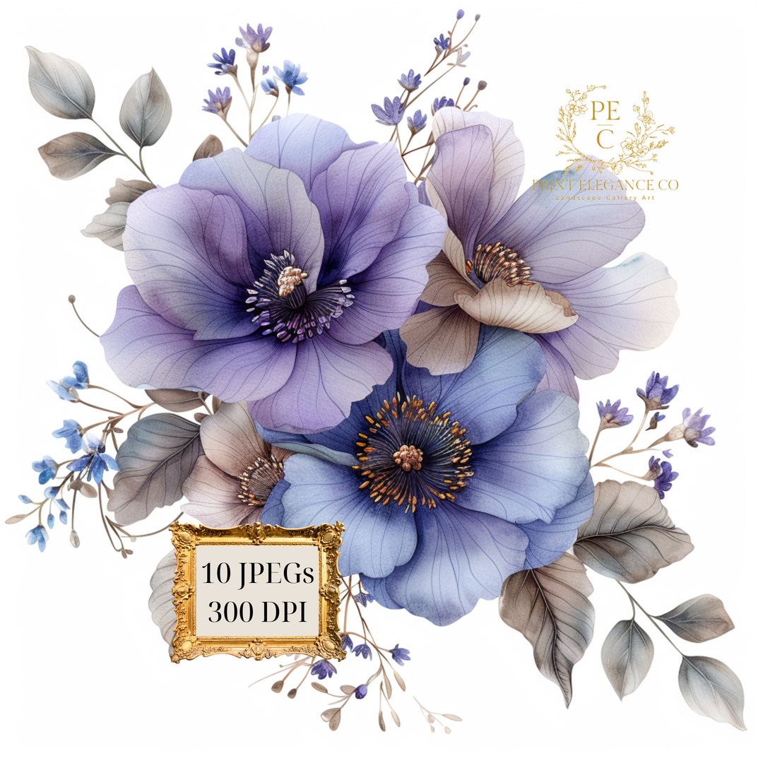Purple Floral Clipart, Lavender and Blue Watercolor Flowers, Commercial ...