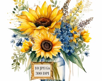 Watercolor Sunflower Clipart, Summer Clipart, Sunflower Floral Bouquets ...