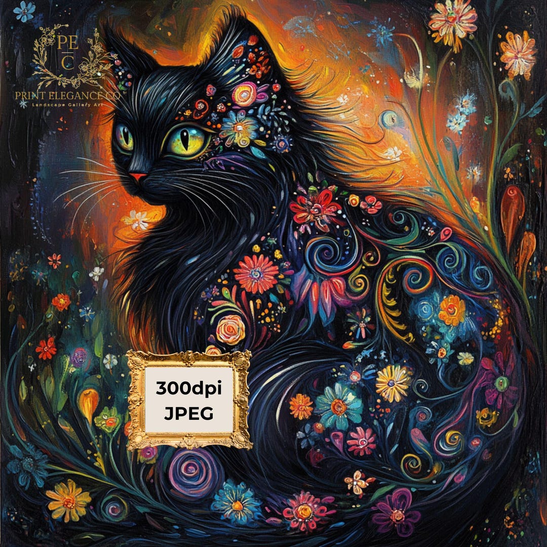 Whimsical Floral Black Cat Digital Paper Floral Black Cat Scrapbook ...