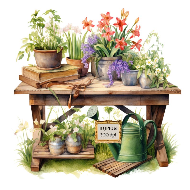 Vintage Gardening Tools Clipart Bundle- 10 High Quality Watercolor Jpgs ...