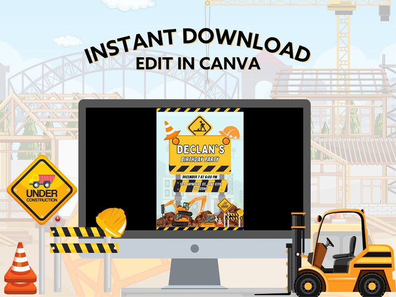 Editable Kids Construction Birthday Party Invitation - Etsy