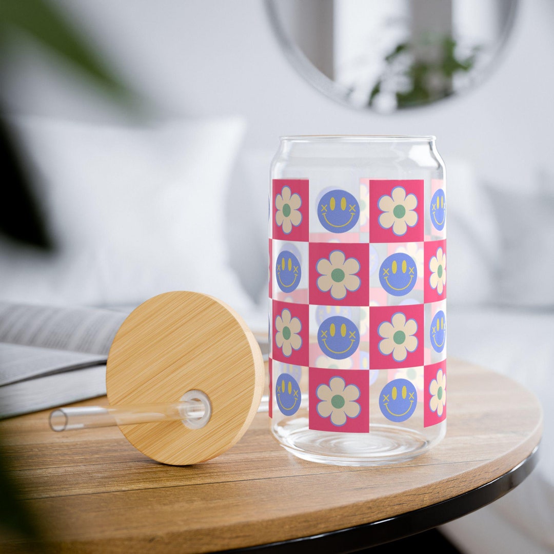 6 Smiley Face Glass Cup, Bamboo Lid & Straw Cup, Minimalist Floral ...