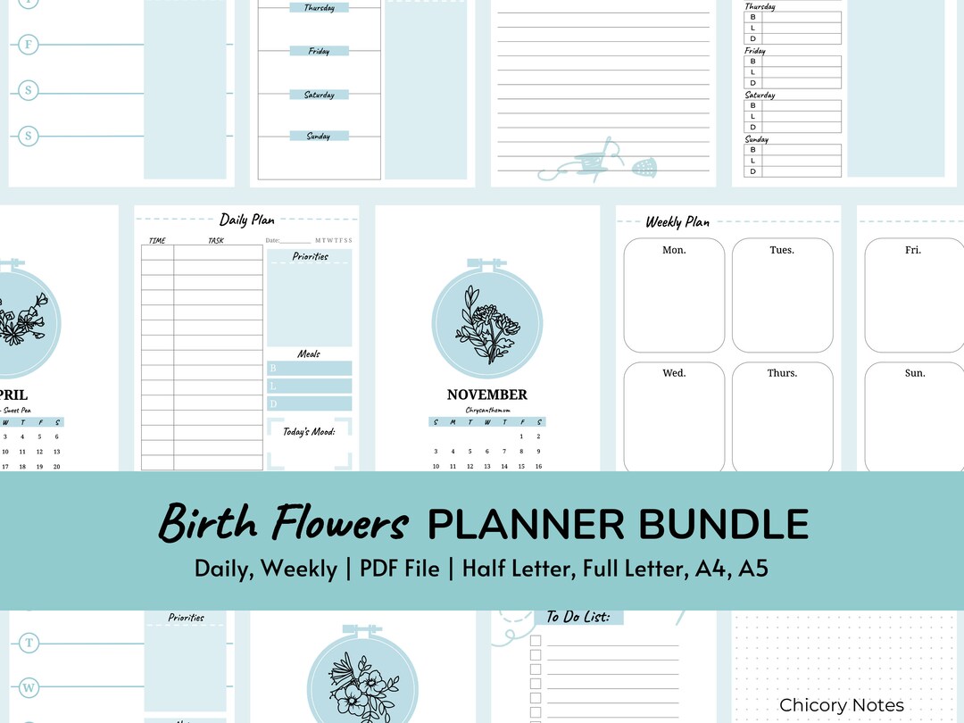 Birth Flowers Planner Bundle Weekly, Daily With Monthly Cover Pages ...