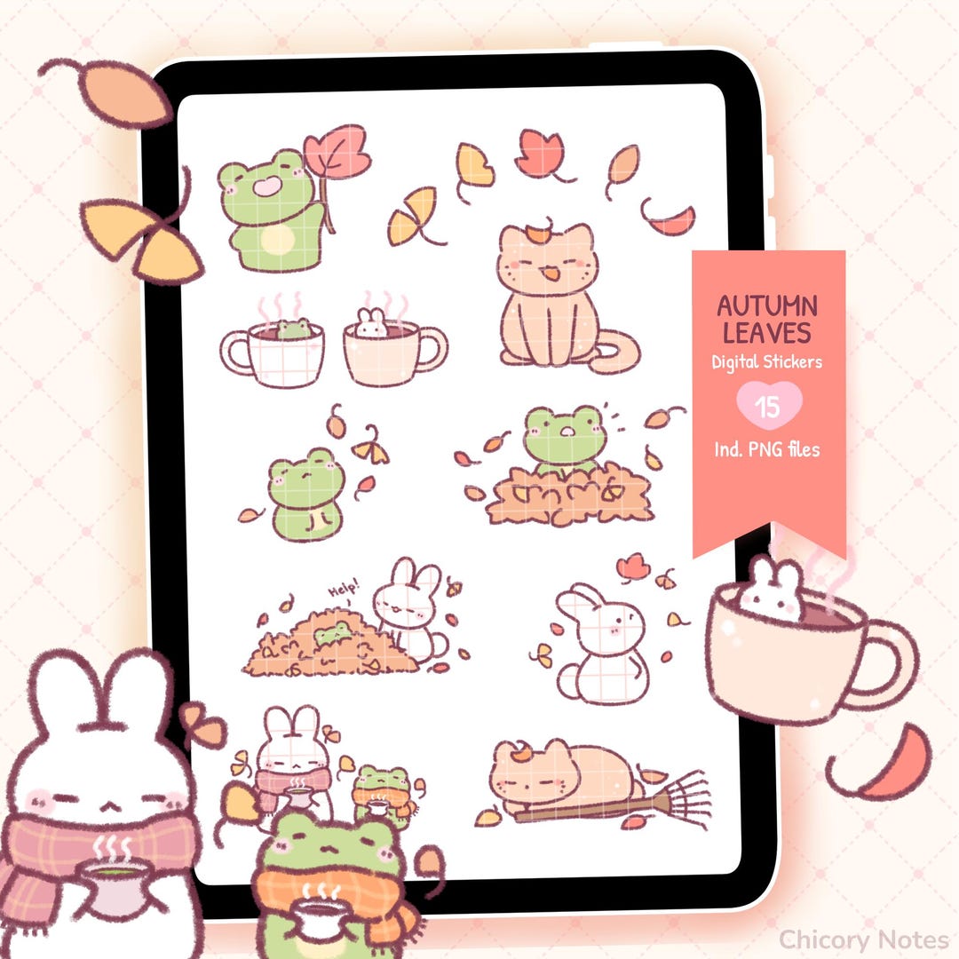 Cute Fall Digital Stickers | Kawaii Autumn Leaves Stickers for Digital ...