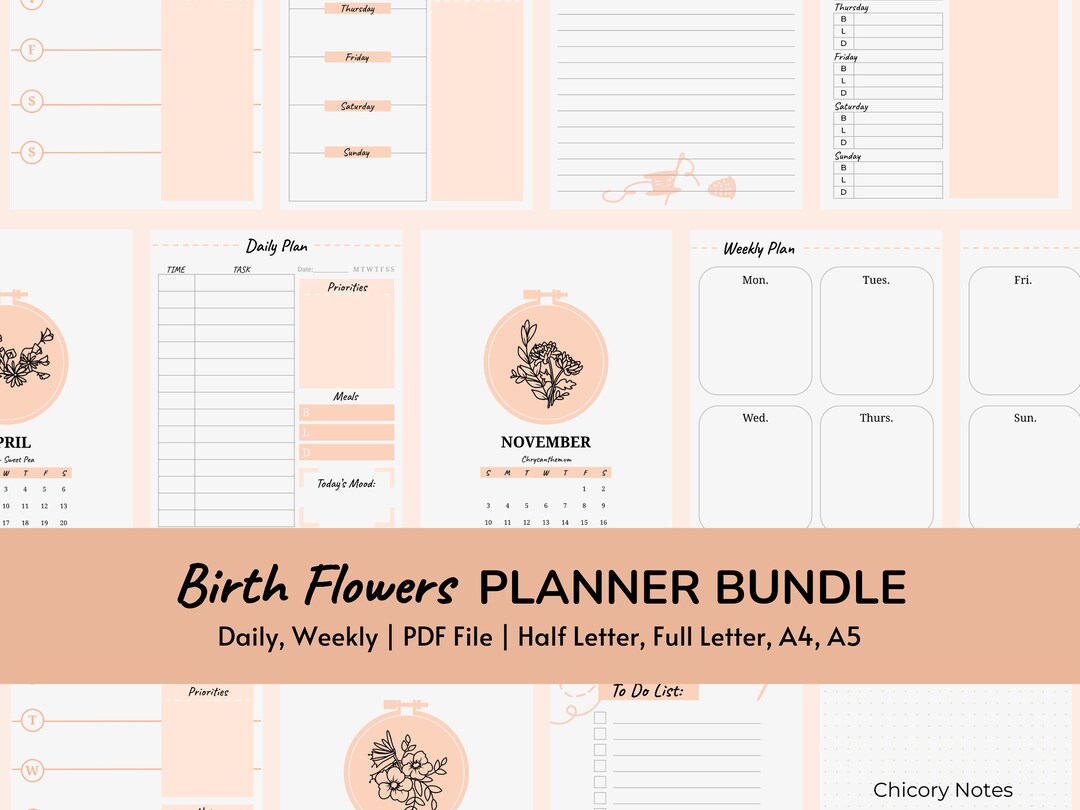 Weekly, Daily Printable Planner Bundle Birth Flower Cover Pages Hand ...