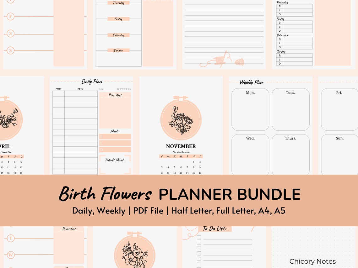 Weekly, Daily Printable Planner Bundle Birth Flower Cover Pages Hand ...
