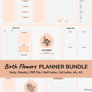 Weekly, Daily Printable Planner Bundle Birth Flower Cover Pages Hand ...