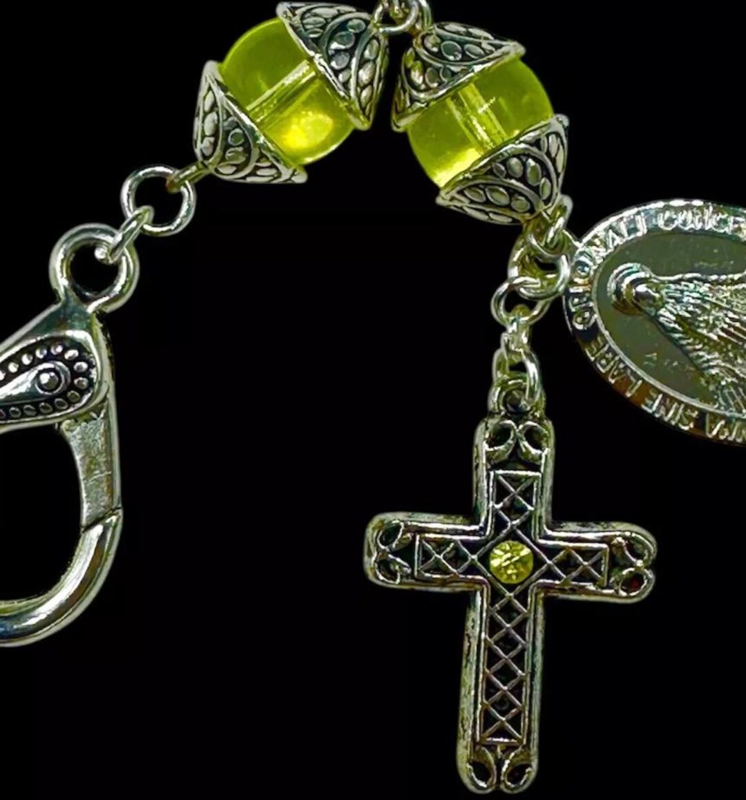 Mother Mary Holy Charm Cross Czech Uranium Glass Keychain Keepsake UV ...