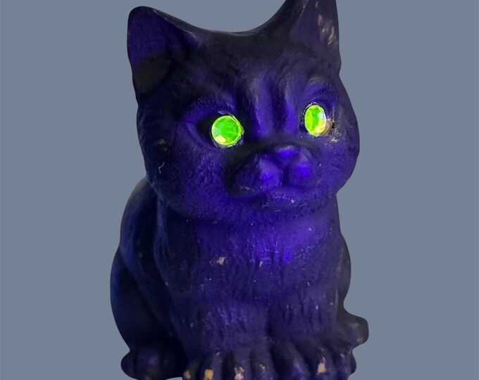 VNT Miniature Cat Uranium Vaseline Glass Eyes Wooden Cat Hand Carved ...