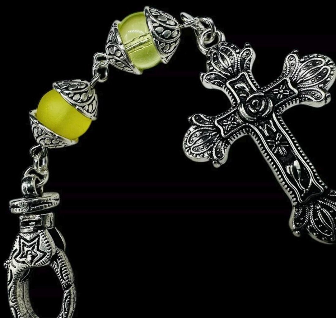 Ornate Holy Cross Charm Czech Uranium Glass Handmade Keychain Keepsake ...