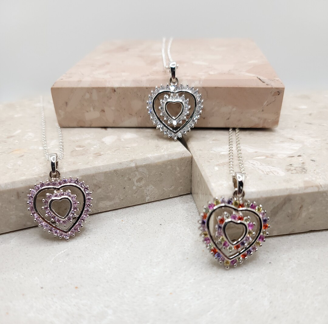 Silver CZ Multi Stone Heart Pendant, Cubic Zirconia Heart Pendant, CZ ...