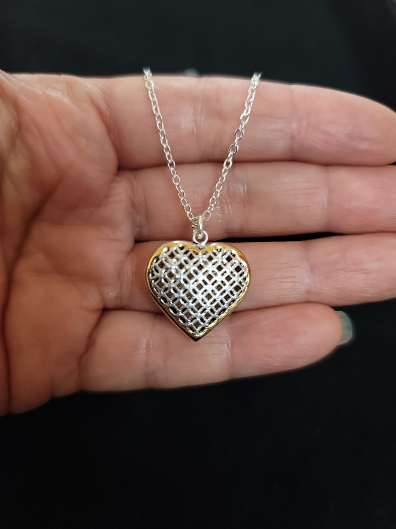 Two Tone Heart Necklace, Siler Heart Necklace, Puffy Heart Pendant ...