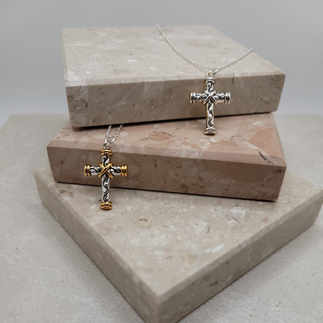Silver Cross Necklace, Cross Pendant Necklace, Two Tone Cross, X Cross ...