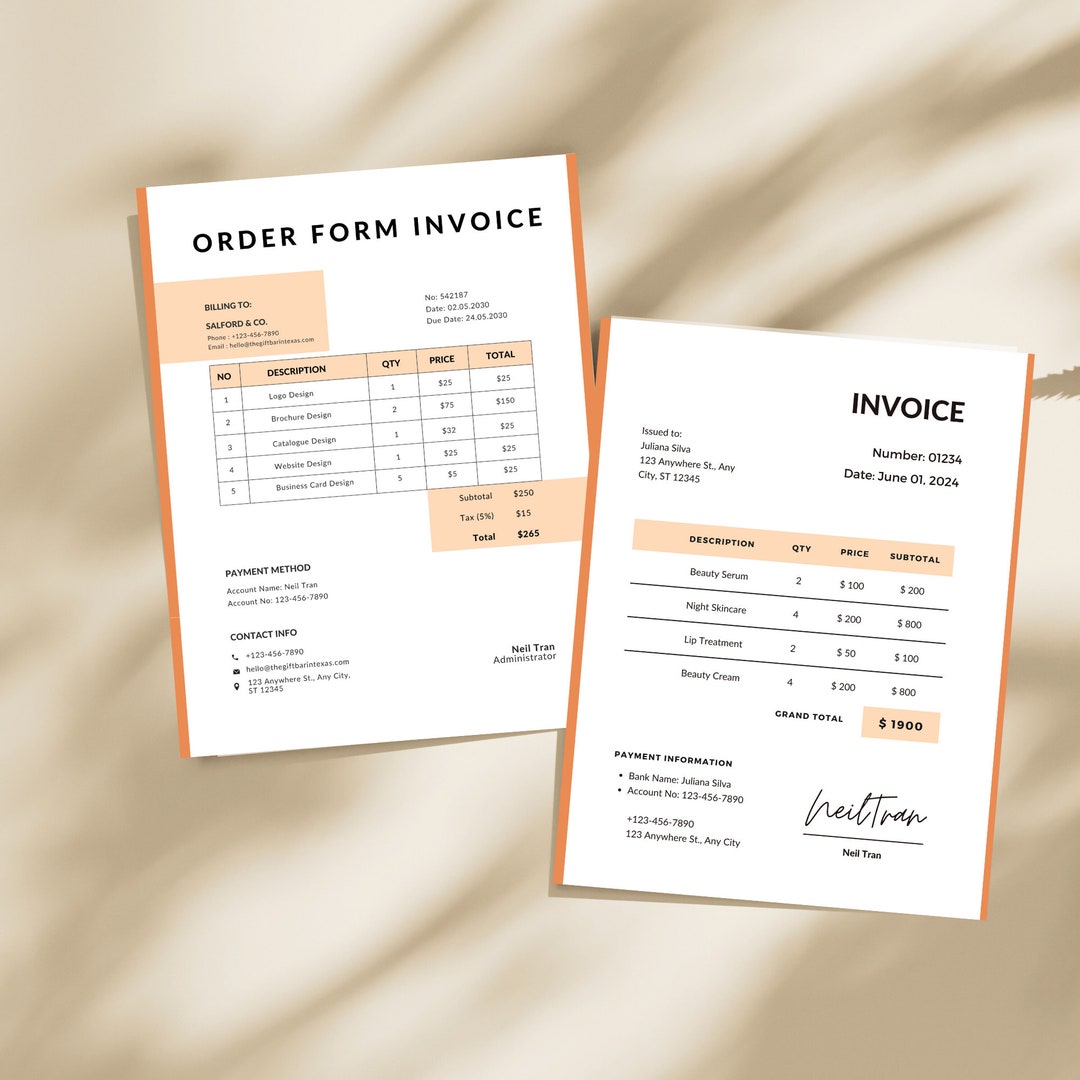 Black & Peach Minimalist Order Form Invoice, Professional Business ...