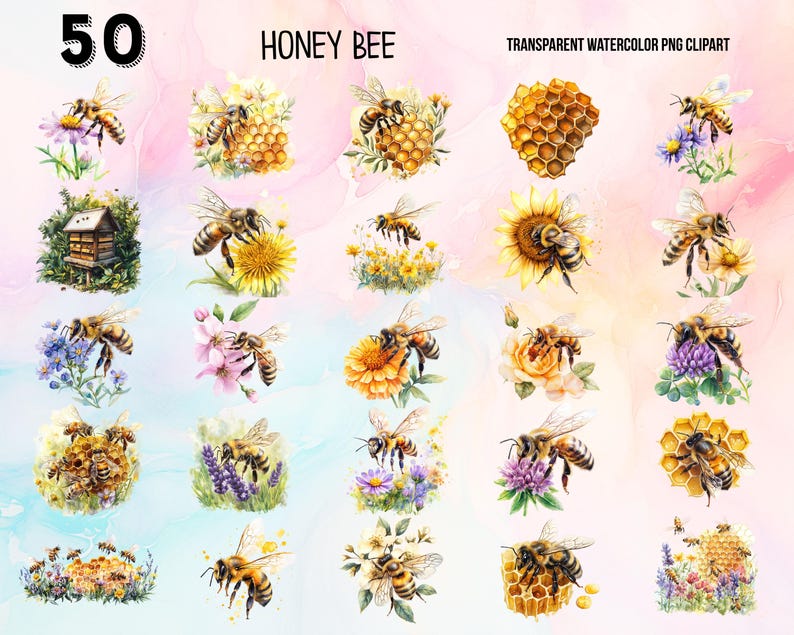 Honey Bee Watercolor Clipart - Beehive, Honey Jar, Dripping Honey, Bees ...