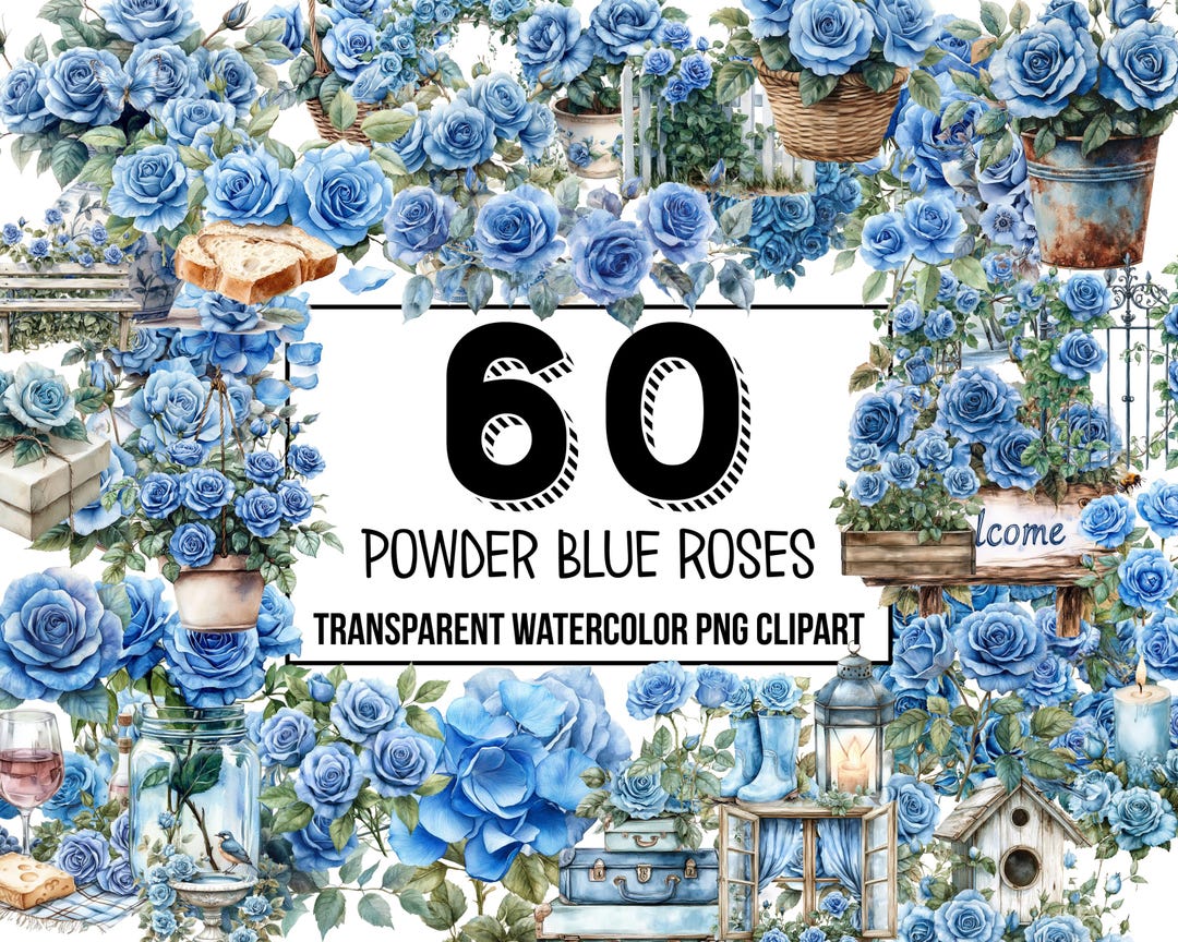 Powder Blue Roses Watercolor Clipart Pack, Spring Wedding Clipart ...