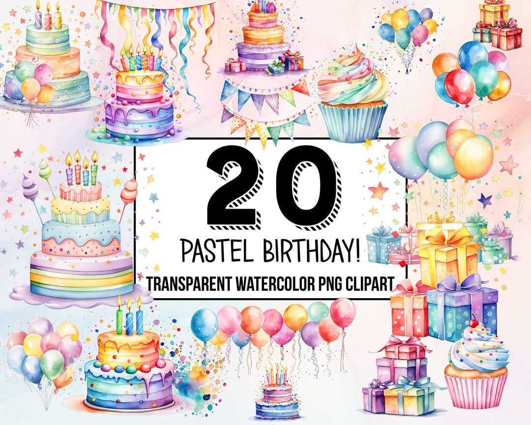 Pastel Birthday Watercolor Clipart Pack - High-quality Digital ...