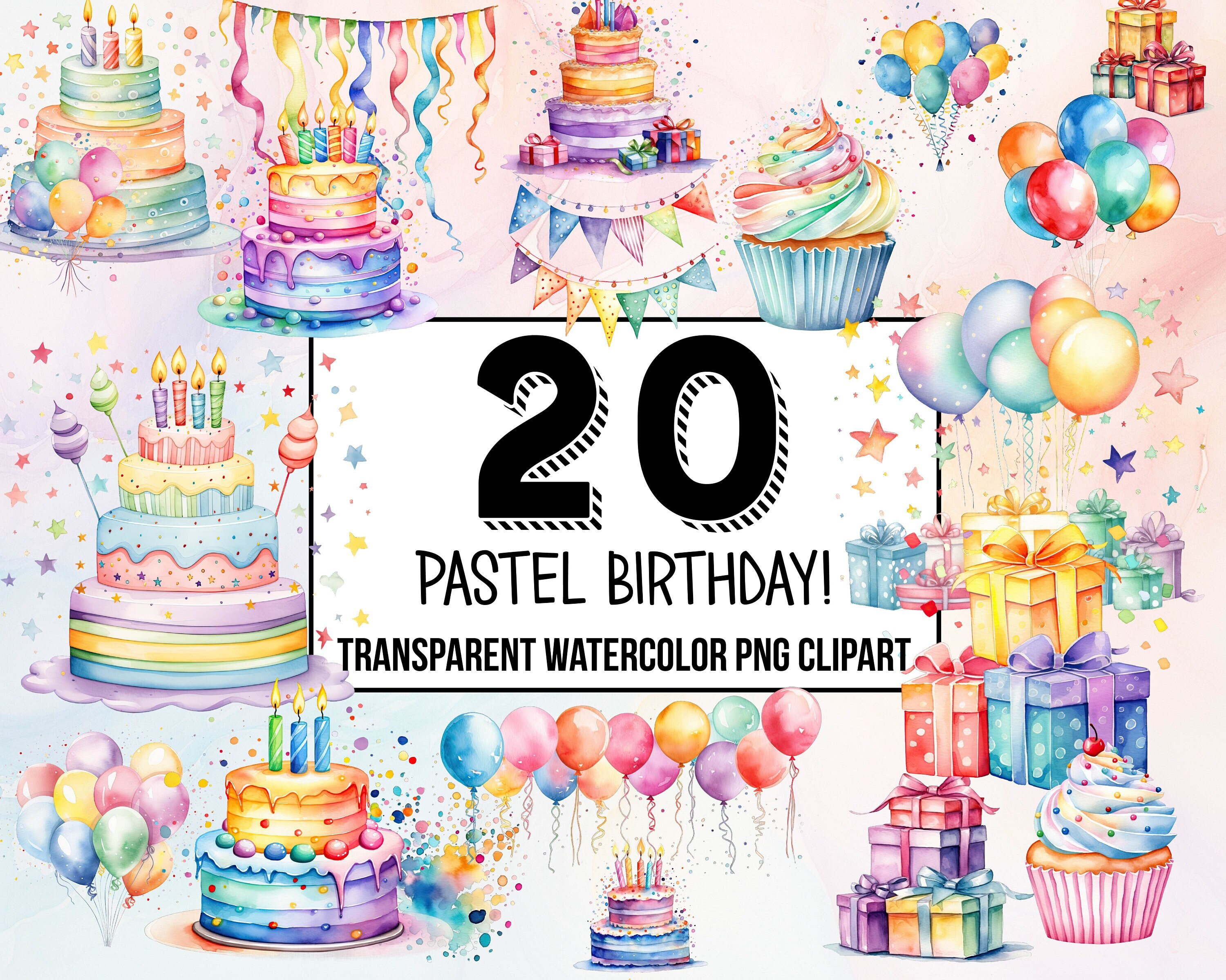 Pastel Birthday Watercolor Clipart Pack - High-quality Digital ...