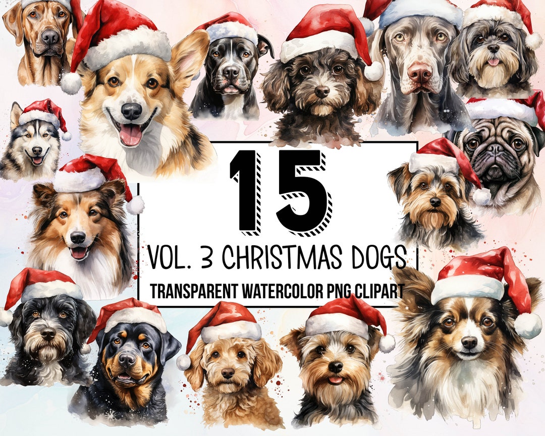 Vol. 3 Watercolor Clipart Pack of 15 Dogs Wearing Santa Claus Hat ...