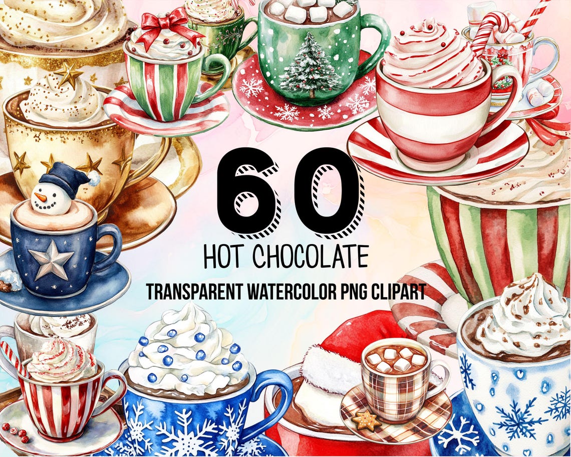 Hot Chocolate Watercolor Clipart - Cozy Winter Drinks, Hot Cocoa Pngs ...