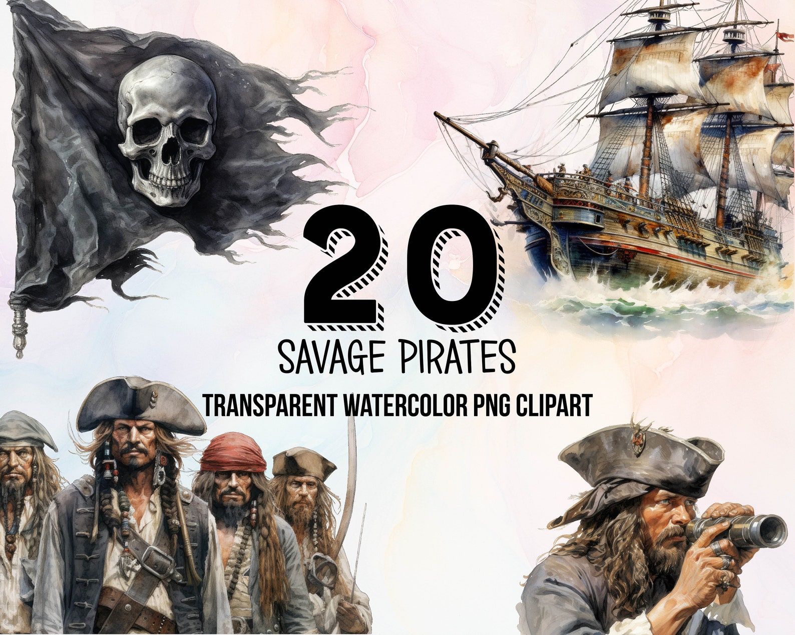 Savage Pirates Clipart Set Collection Pack - Watercolor Pirates ...