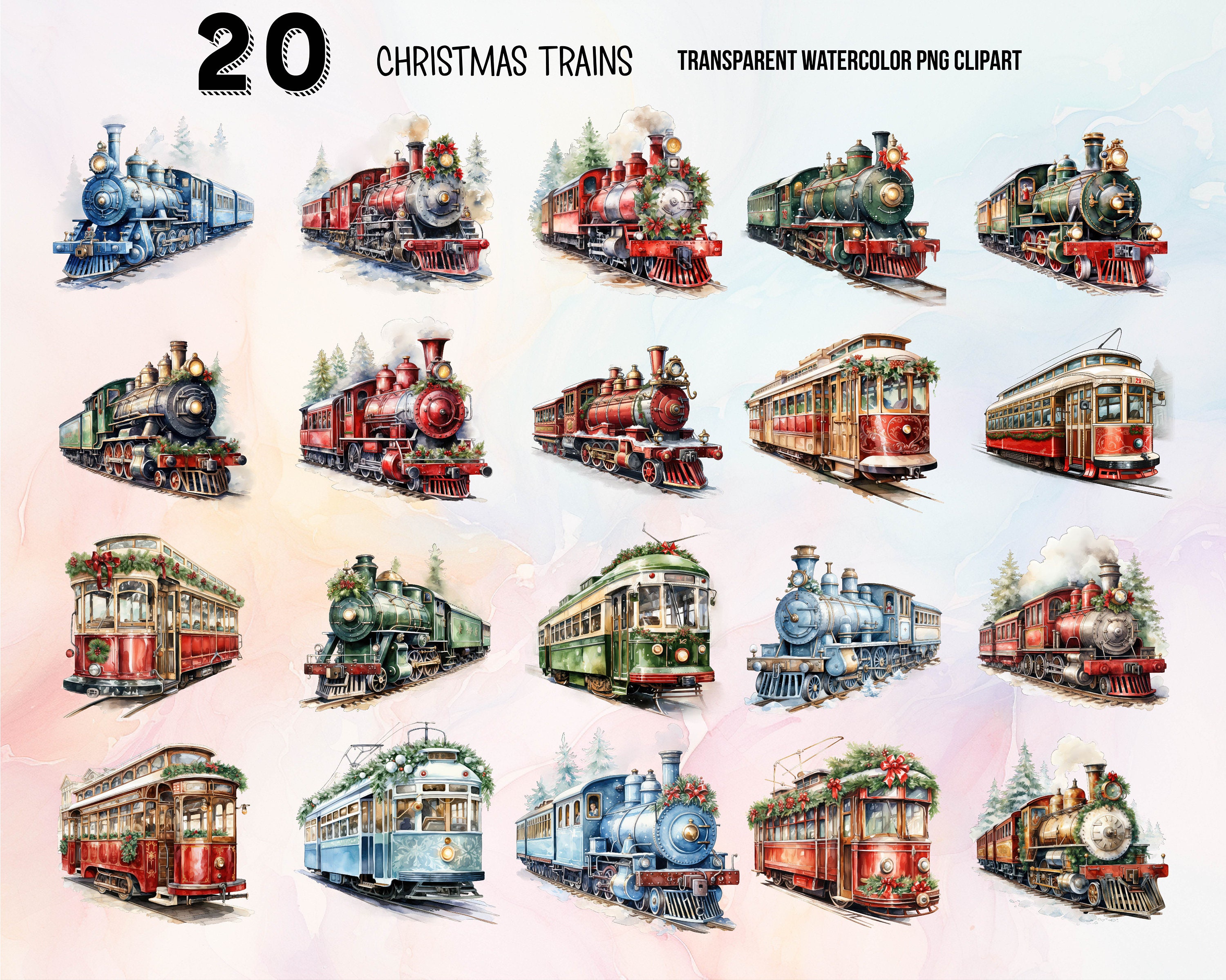 Christmas Trains Digital Clipart Pack Christmas Trains Watercolor ...